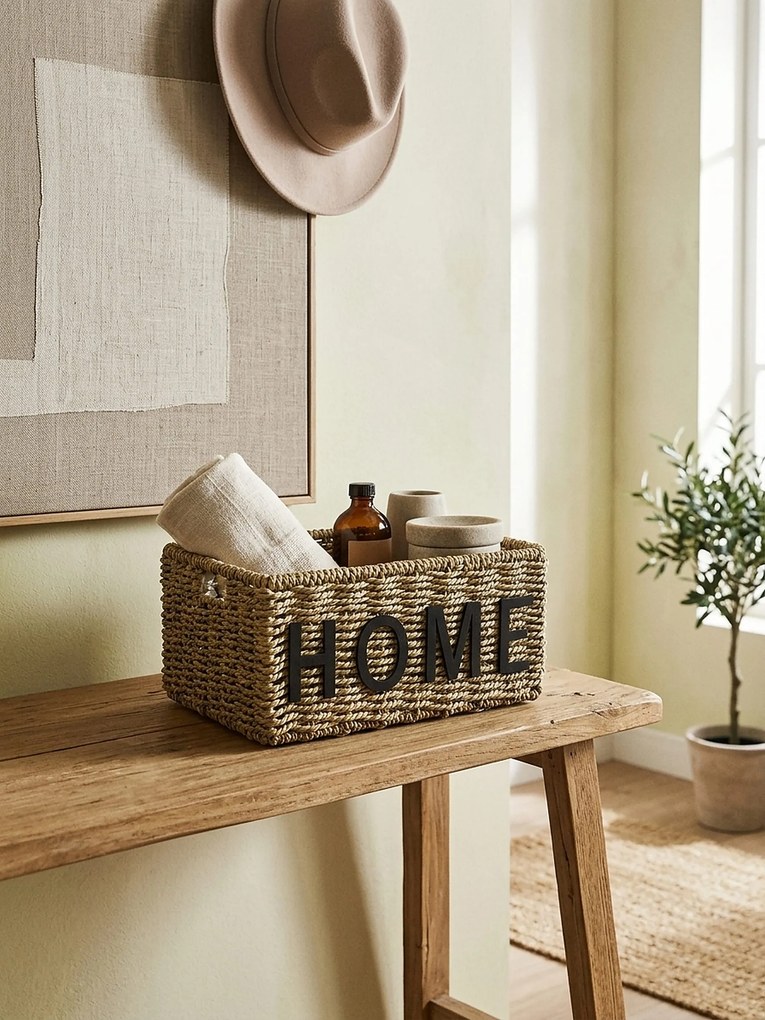 Sinsay - Pletený úložný koš s nápisem Home - béžová