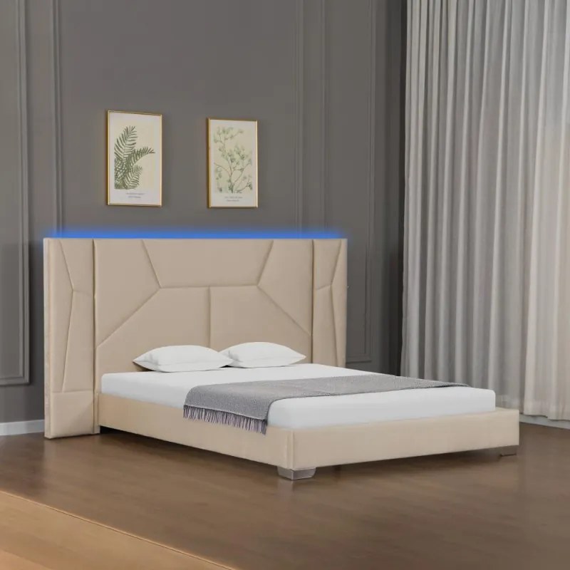 Postel ALTESA 160x200 s roštem a LED osvětlením, béžová Velvet látka Kondela 0000408415