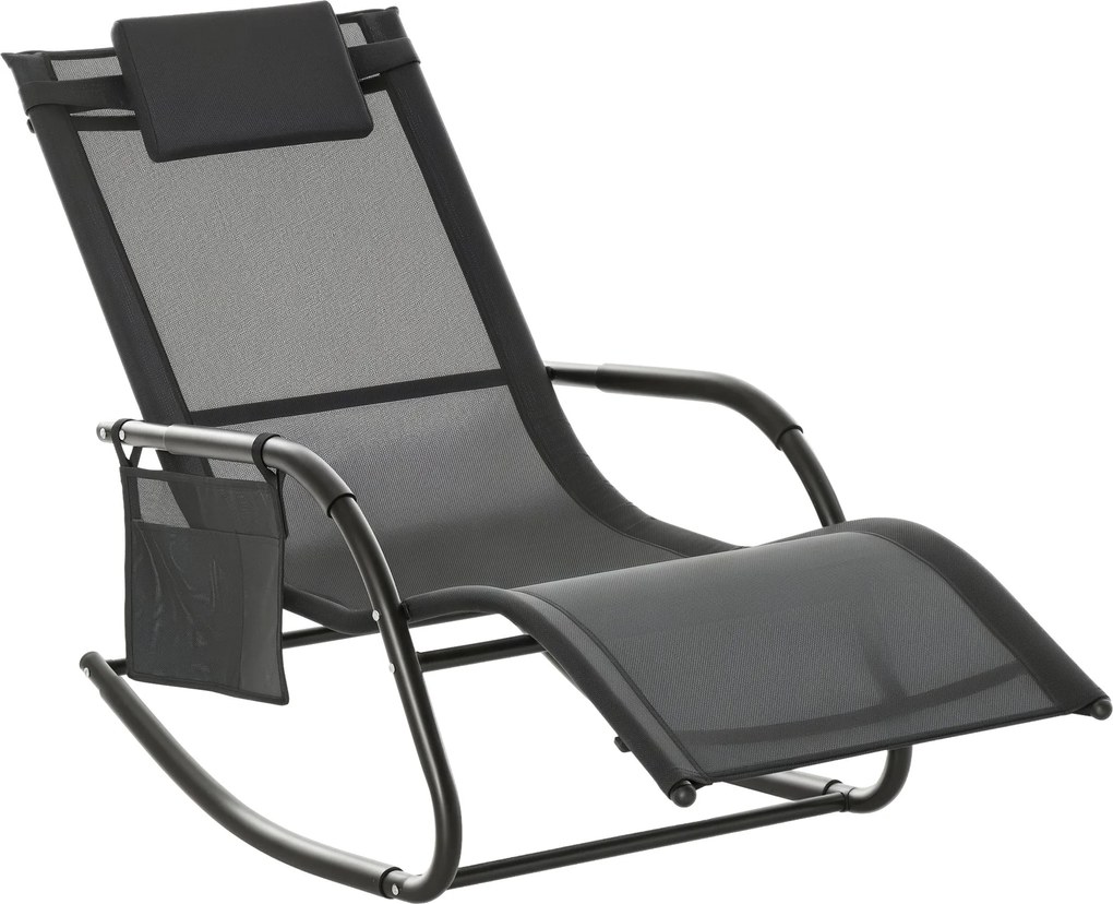 Zahradní houpací křeslo Outsunny s polstrovanými opěrkami, opěrkou hlavy a boční kapsou, nosnost 120 kg pro zahradu, terasu a patio 150x62x88 cm Černé