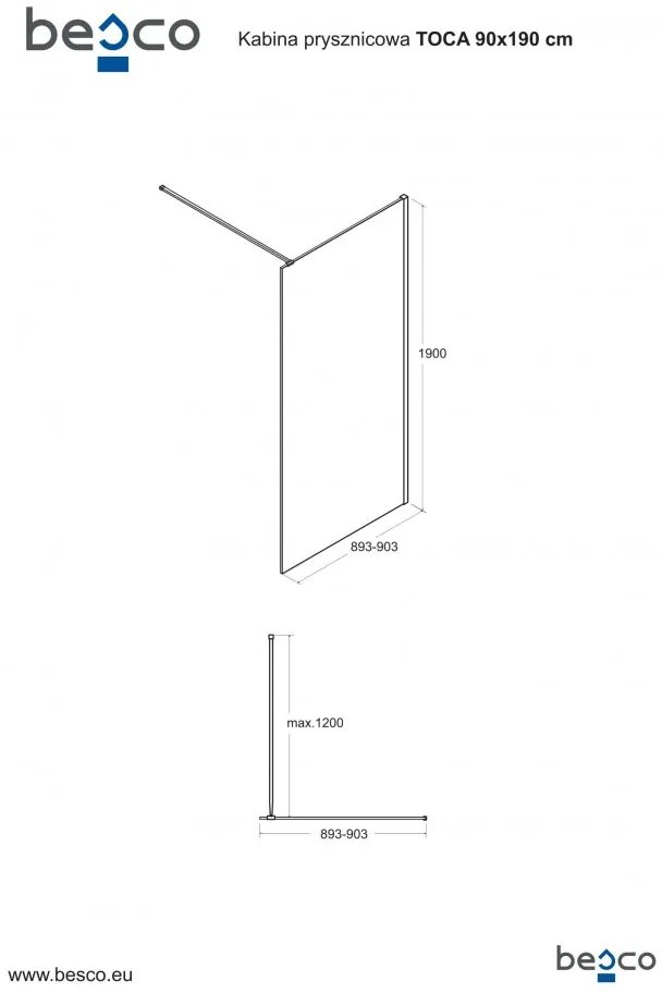 BESCO Walk-in sprchový kout TOCA BARVA rámu - Černá, Rozměr A - 90 cm, Rozměr C - 190 cm, Směr zavírání - Univerzální Levé / Pravé, Výplň - Čiré bezpečnostní sklo - 8 mm BCTOCA90