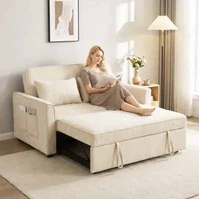 HOMCOM 2místná rozkládací pohovka 3-v-1, Clic-Clac Chenille pohovka 142 cm, nastavitelné opěradlo, 2 polštáře, béžová