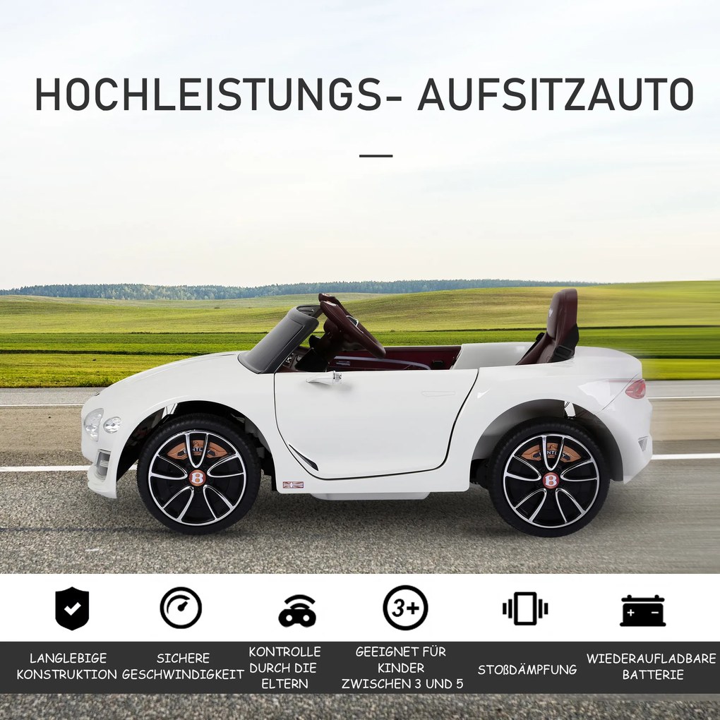 HOMCOM Dětské elektrické autíčko Bentley GT v licenci s dálkovým ovládáním, 2 x 390 motorů, bílé, 108 x 60 x 43 cm, pro děti | Aosom.de