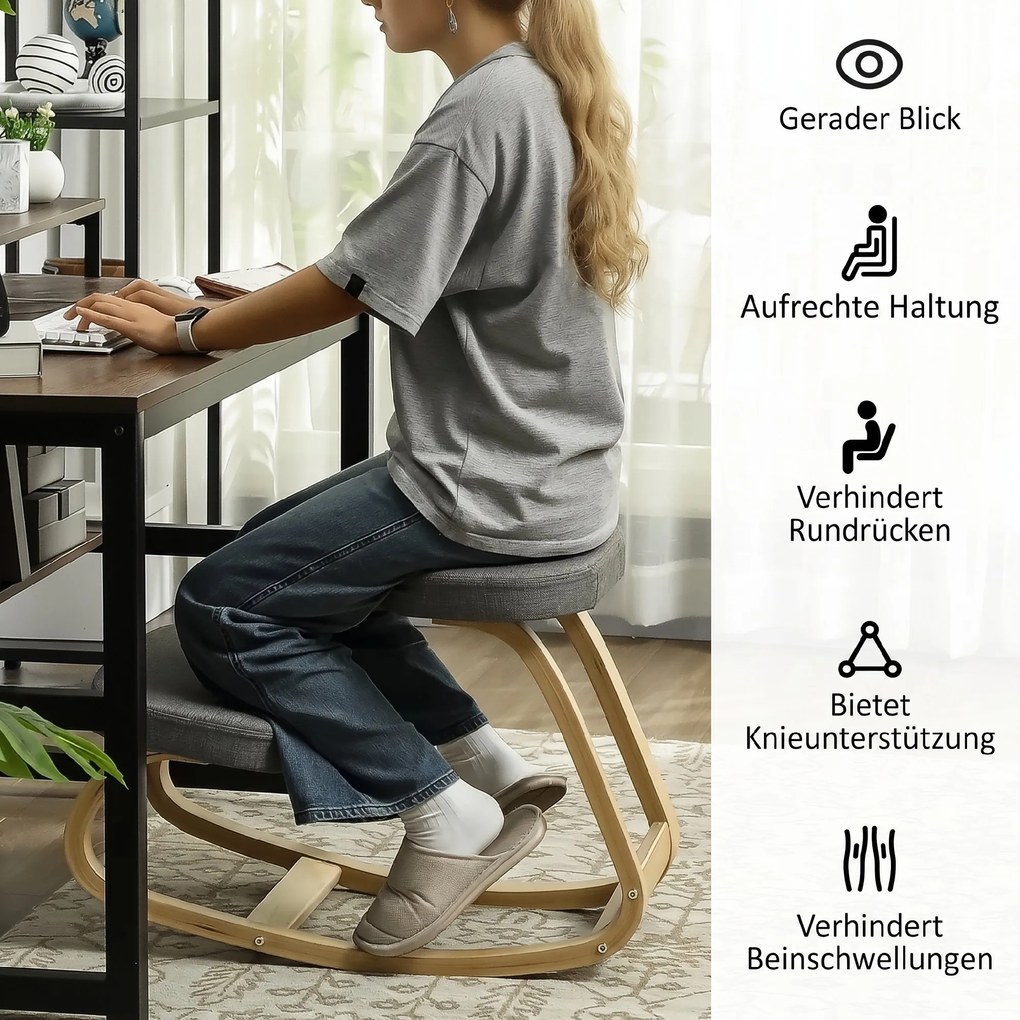 HOMCOM Klaněcí Židle, Ergonomická Houpací Dřevěná Klaněcí Židle pro Domácí Kancelář, Zlepšuje Držení Těla, Bolesti Zad, Šedá