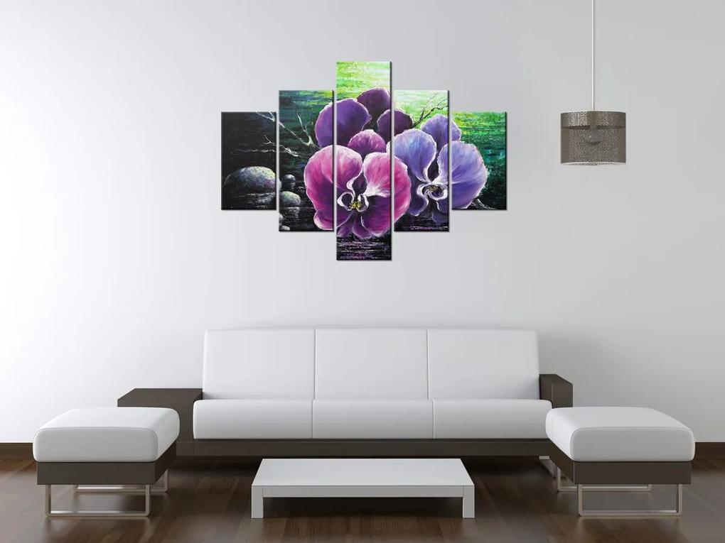 Gario Ručně malovaný obraz Orchidea u potoka - 5 dílný Rozměry: 100 x 70 cm