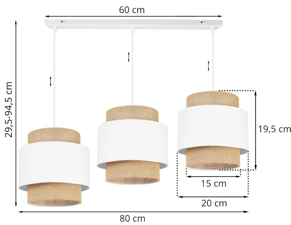 Závěsné svítidlo Boho, 3x jutové/bílé textilní stínítko