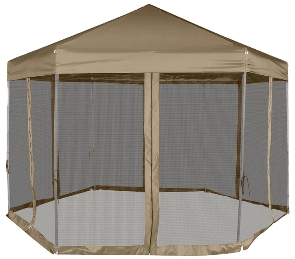 Šestihranný pop-up stan s bočnicemi 3,6 x 3,1 m taupe 220 g/m², 362013