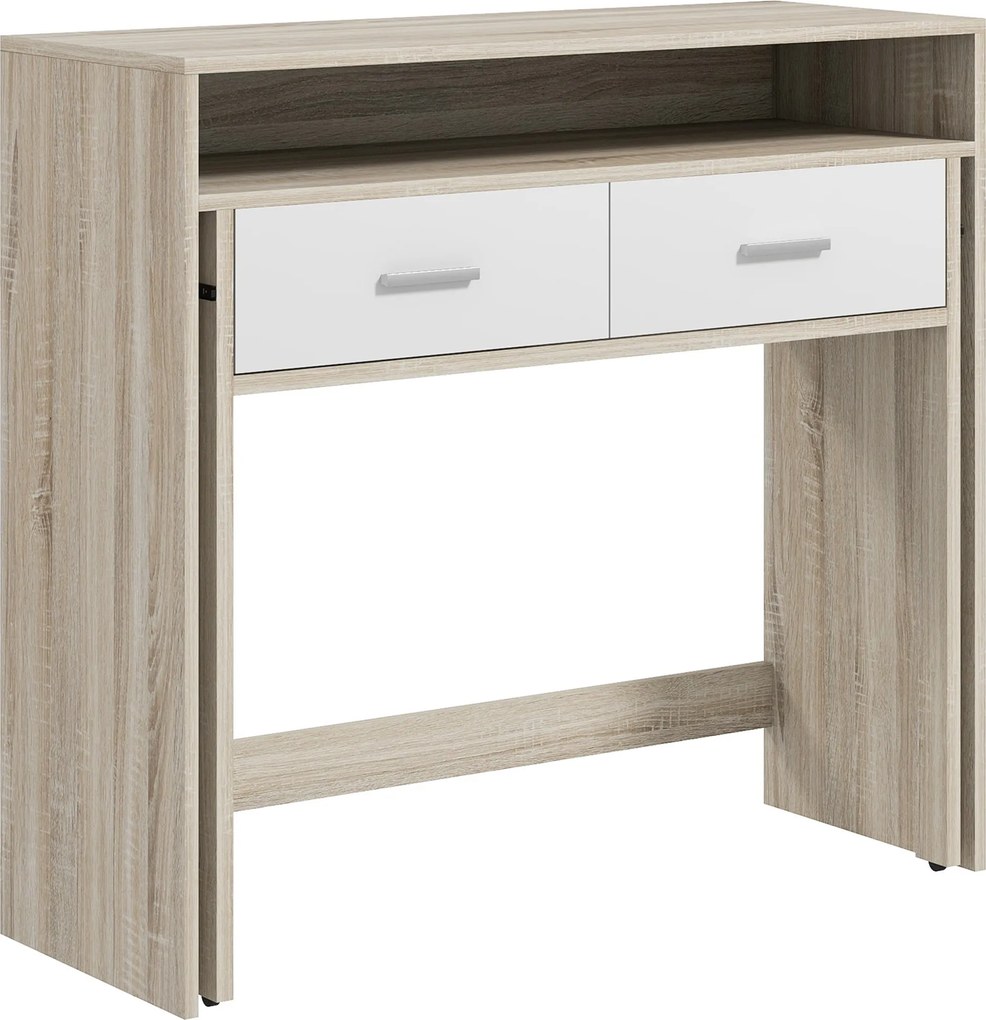 HOMCOM Rozkládací konzolový stůl se 2 výsuvnými policemi, 2 zásuvkami a 2 protišmykovými kolečky, Dvouramenný stůl 95x35x87 cm Dub | Aosom