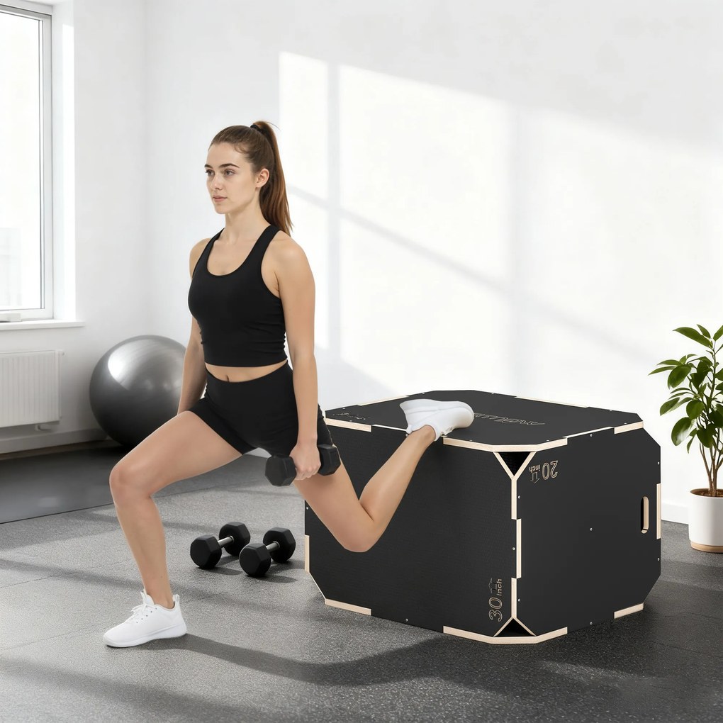 SPORTNOW plyo box 3 v 1, skákací box s otvory pro rukojeti, pro domácí fitness a venkovní trénink, 3 výšky skoku, dřevo, černá barva
