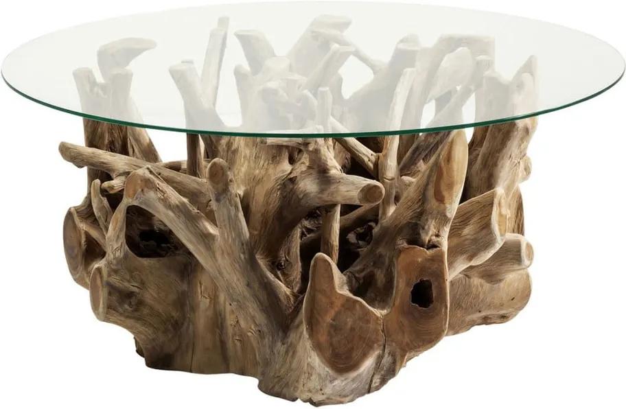 Skleněný odkládací stolek s podstavcem z teakového dřeva Kare Design Roots, Ø 100 cm