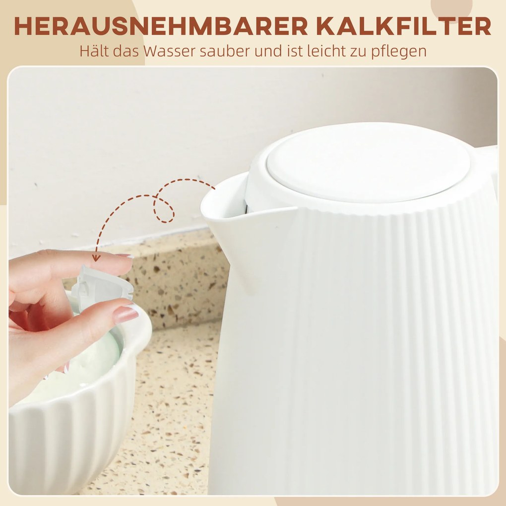 HOMCOM Elektrická konvice 1,7L, rychlovarná funkce, 2200W, s vyjímatelným filtrem proti vodnímu kameni, automatické vypnutí, Krémově bílá