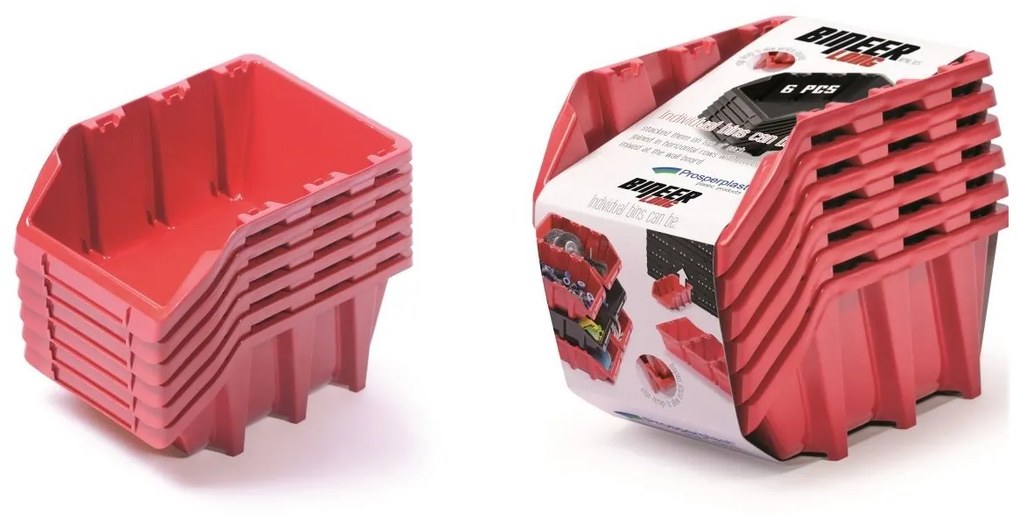 PROSPERPLAST Set úložných boxů 6ks BINEER LONG 249x158x114mm, červený