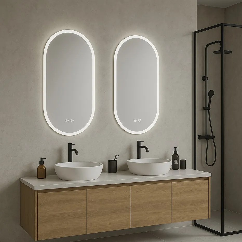 Erga Demi, oválné LED zrcadlo 60x90cm, 3 barvy světla, přední osvětlení, topná podložka proti zapaření, ERG-V01-Demi-6090-CL