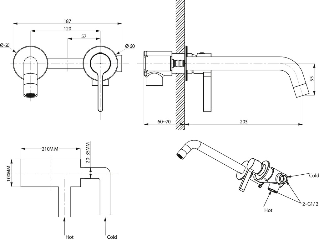 Sapho ICONIC podomítková dvouprvková umyvadlová baterie zlato mat AF008GB