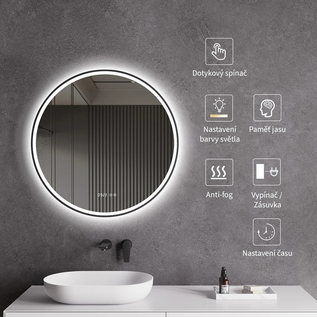 CERANO - Koupelnové LED zrcadlo Rivo, kovový rám - černá matná - Ø 80 cm