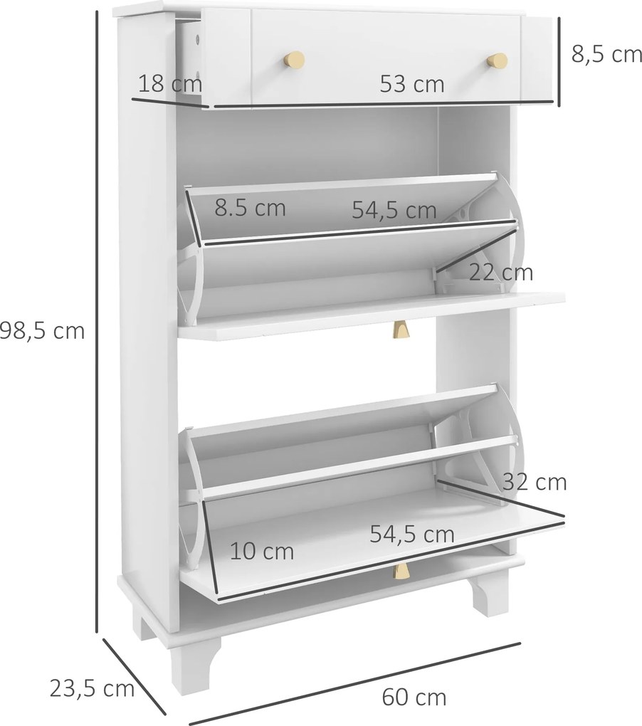 HOMCOM Úzký Botník do Předsíně se 2 Sklápěcími Zásuvkami a 1 Vyndavací Zásuvkou pro 8 Párů Bot 60x23,5x98,5 cm Bílý