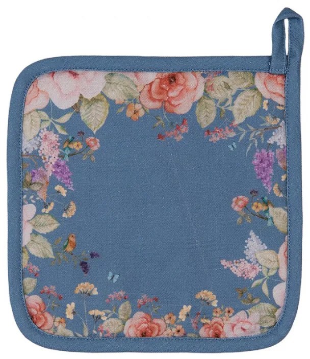 Modrá bavlněná chňapka / podložka pod hrnec s květinovým motivem Floral Fiesta – 20x20 cm