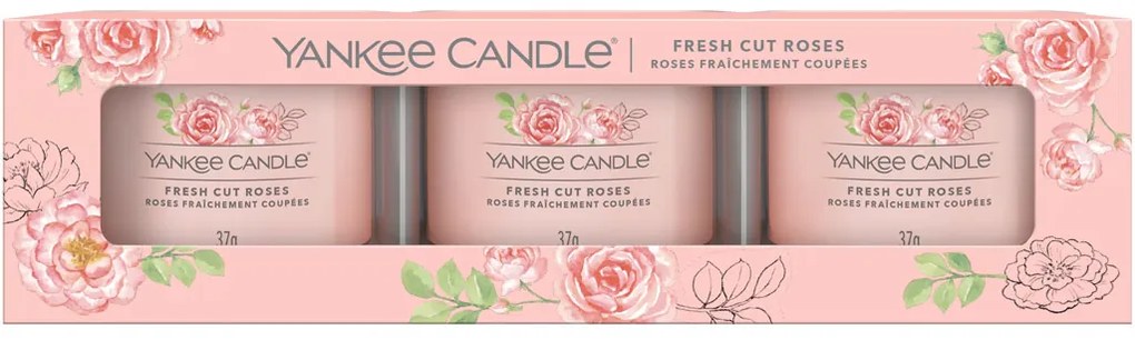 Yankee Candle – sada votivní svíčky ve skle Fresh Cut Roses (Čerstvě nařezané růže), 3 x 37 g