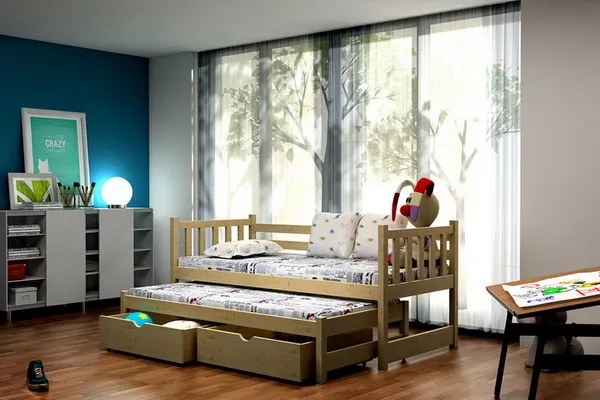 Vomaks Dětská postel s výsuvnou přistýlkou DPV 006 + zásuvky 180 cm x 80 cm Bezbarvý ekologický lak