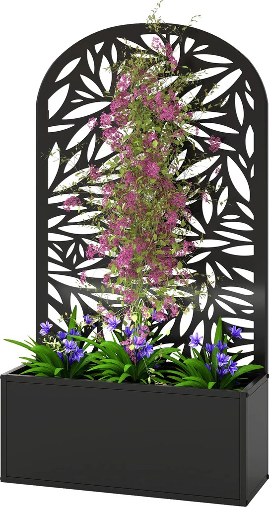 Outsunny vyvýšený truhlík s listovým trelážem — kovový květináč 61 × 23 × 113 cm pro zahradu, balkon a terasu | Aosom
