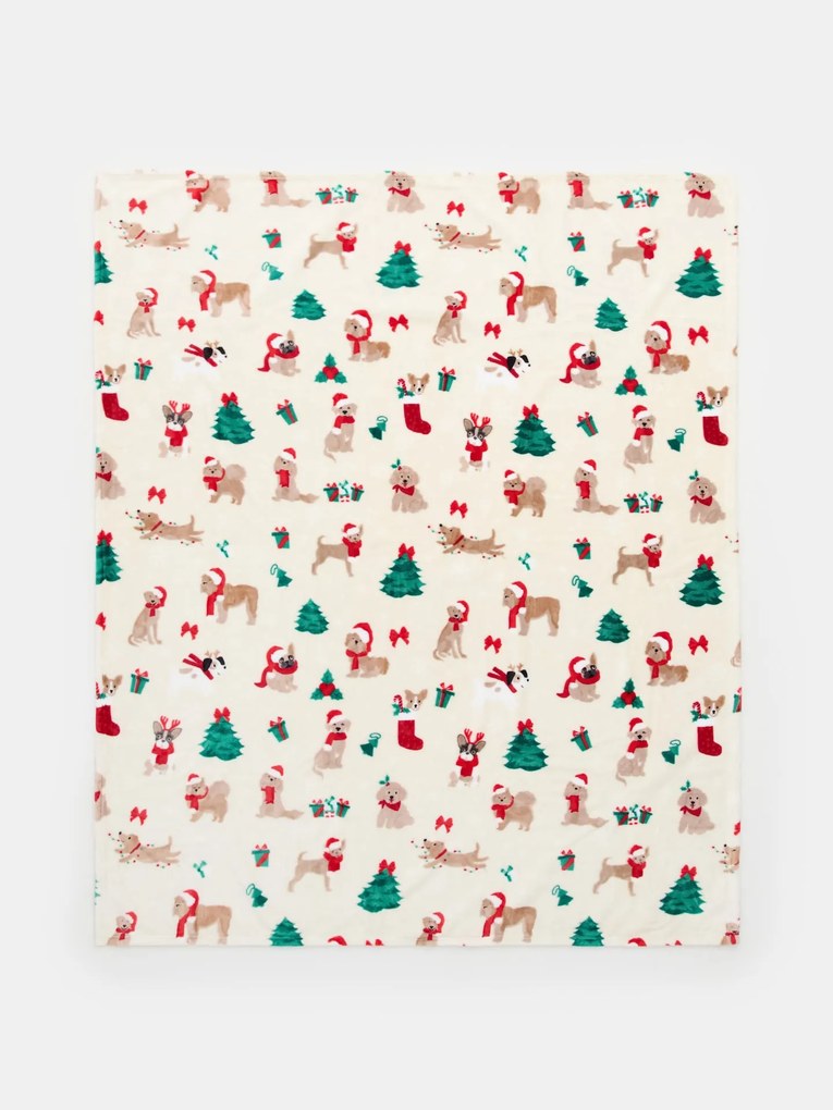 Sinsay - Vánoční deka se vzorem pejsků - béžová