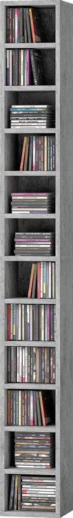 HOMCOM knihovna/CD regál se 12 přihrádkami pro 204 CD, z MDF a dřevotřísky, 21x20x175 cm, Cementově šedá