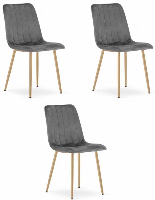 Set tří jídelních židlí LAVA sametové šedé / dřevěné nohy (3 ks)