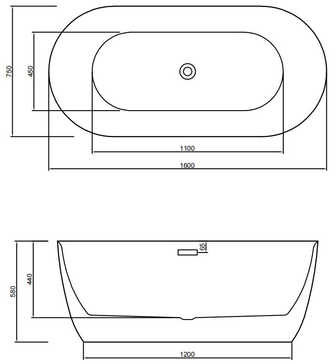 BPS-koupelny Volně stojící akrylátová vana HYD-CES518B 160x75 bílá, odtokový komplet bílý lesklý