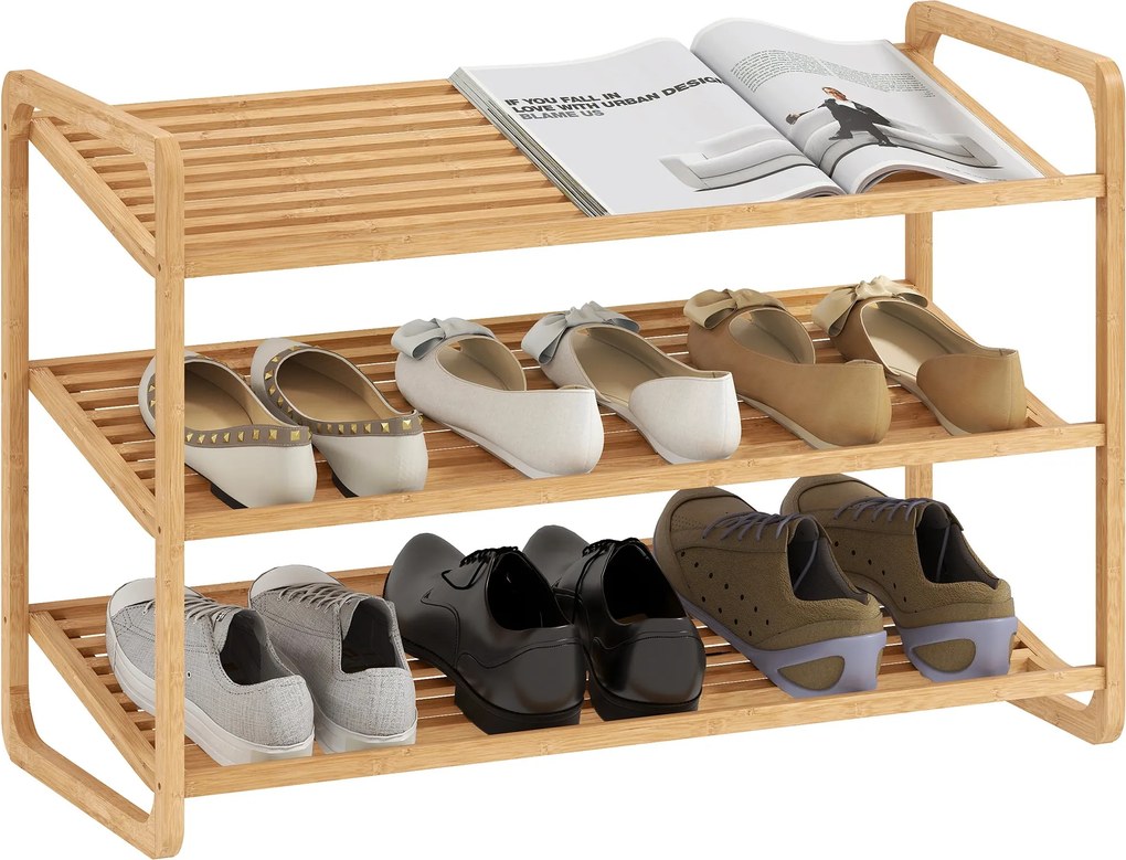 HOMCOM 3-patrový botník z bambusu pro 12 párů bot - Organizér do vstupní haly 76x33x50,8 cm Přírodní | Aosom
