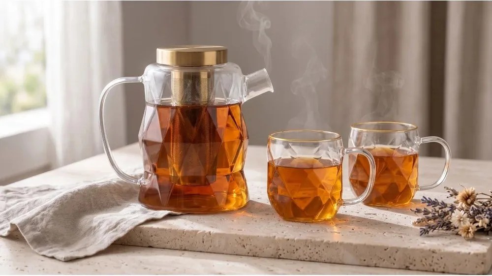 Skleněná konvice na čaj se sítkem ve zlaté barvě 1,3 l Geo – Vialli Design