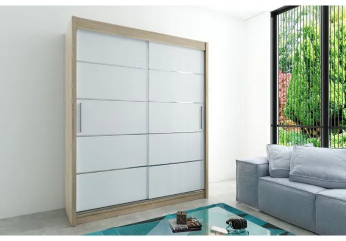 Moderní šatní skříň s posuvnými dveřmi Enni 180 v barvě dub sonoma-bílá