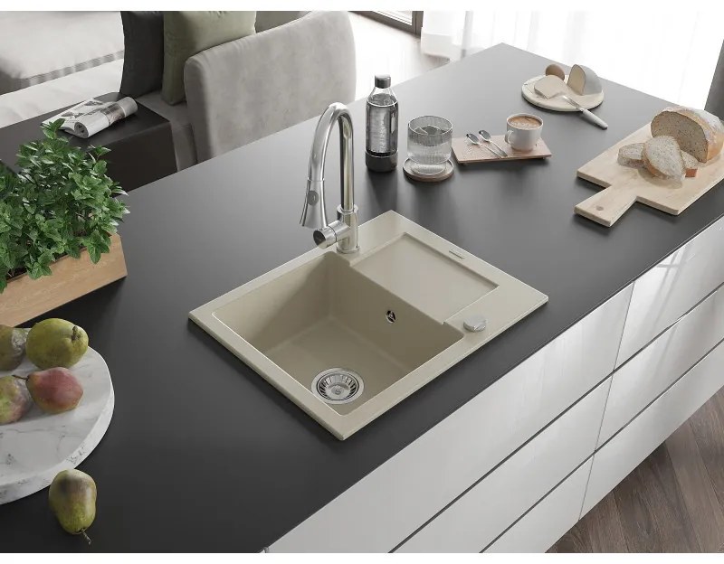 Mexen Enzo, 1-komorový granitový dřez 576x465x174 mm a dřezová baterie Elia, béžová, 6506-69-670101-00