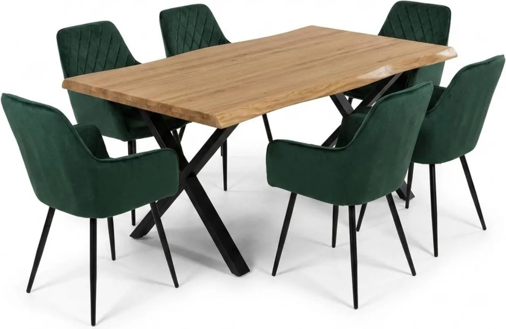 Vikio Jídelní set pro 6 osob 160x90 cm soft dub noha X zelená židle s područkami VJS226-6Z