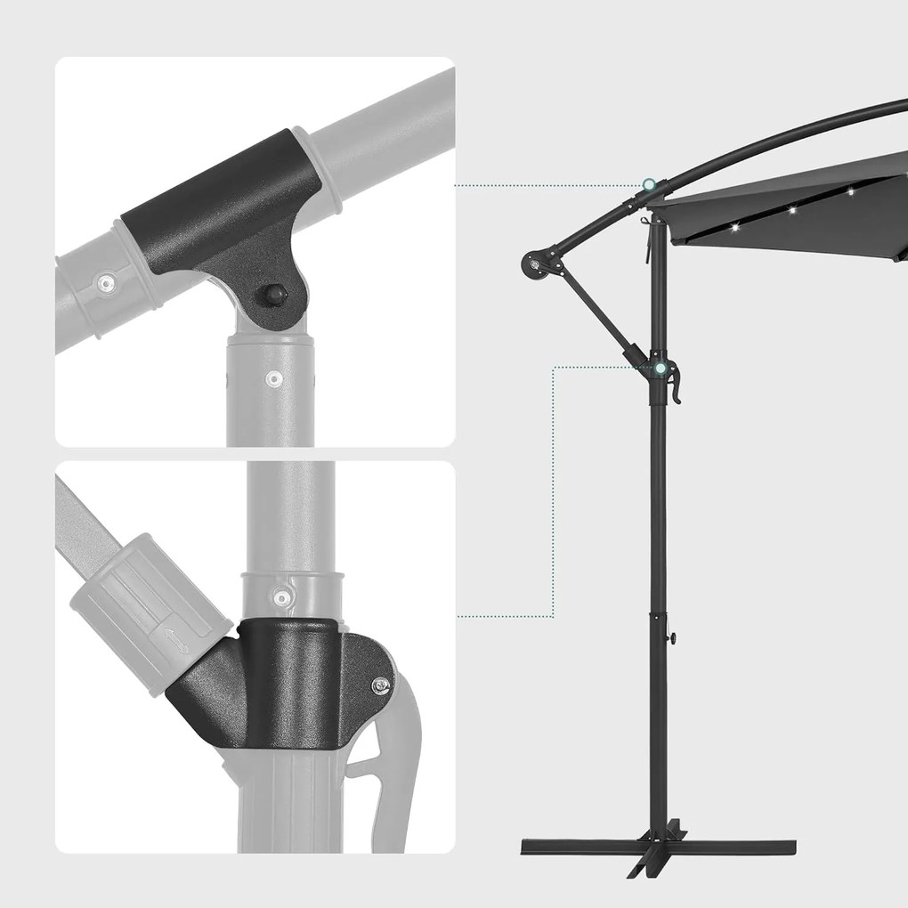 Zahradní slunečník se solárními LED lampami, šedý