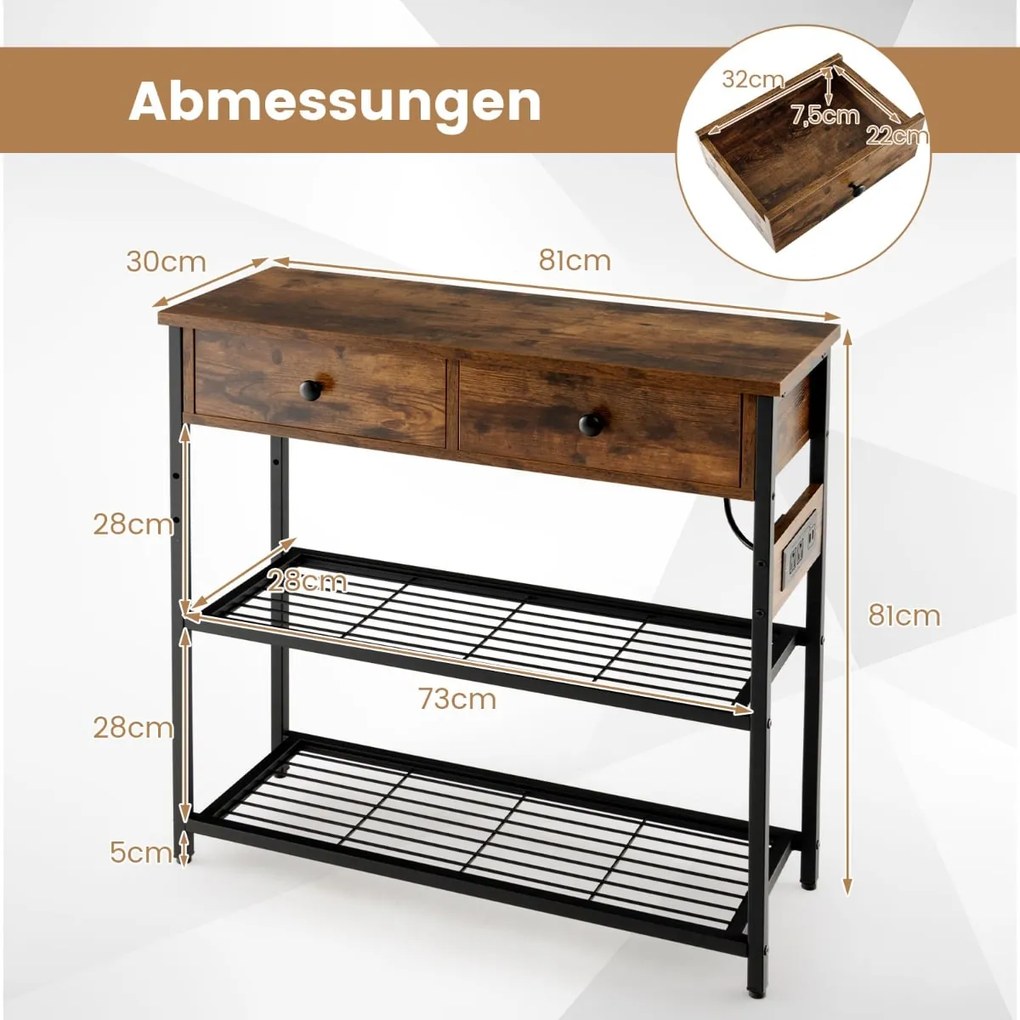 Costway Stolní nabíjecí stanice Entryway se 2 zásuvkami a 2 kovovými mřížkovými