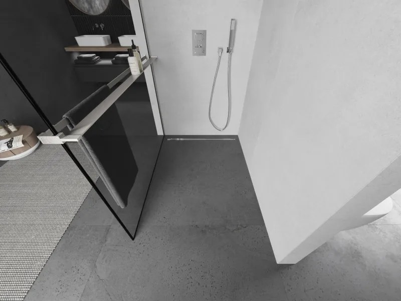 Mexen Kioto+ L, sprchová zástěna Walk-In s poličkou a věšákem 60 x 200 cm, 8mm čiré sklo černý vzor, broušená ocel profil, 800-060-123-97-70