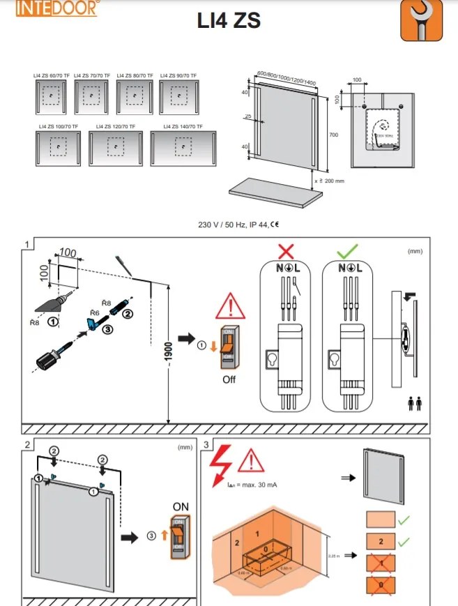 INTEDOOR zrcadlo s LED osvětlením LI4 ZS 90/70 TF
