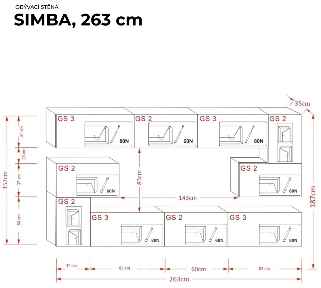 Ral Obývací stěna SIMBA 2, 263 cm - Bílý lesk