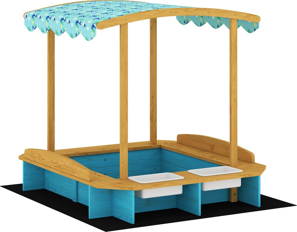 AIYAPLAY Dřevěné pískoviště se střechou, 3 lavice, 2 PP boxy, podklad pro děti 3-6 let, 128x118x121 cm, modrá