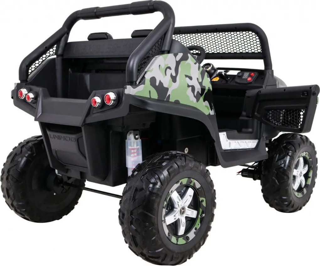 Ramiz Mercedes Benz Unimog elektrické autíčko pro děti maskáčové + pohon 4x4 + dálkové ovládání + nosič zavazadel + pomalý start + rádio MP3 + LED