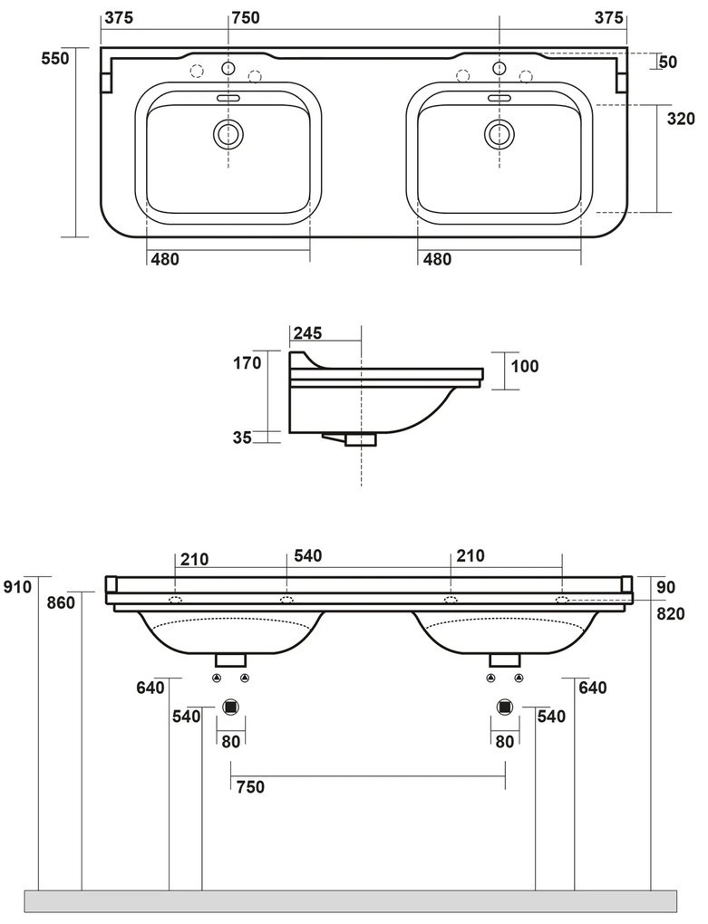 Kerasan WALDORF keramické retro dvojumyvadlo 150x55cm, bílá 4143K1