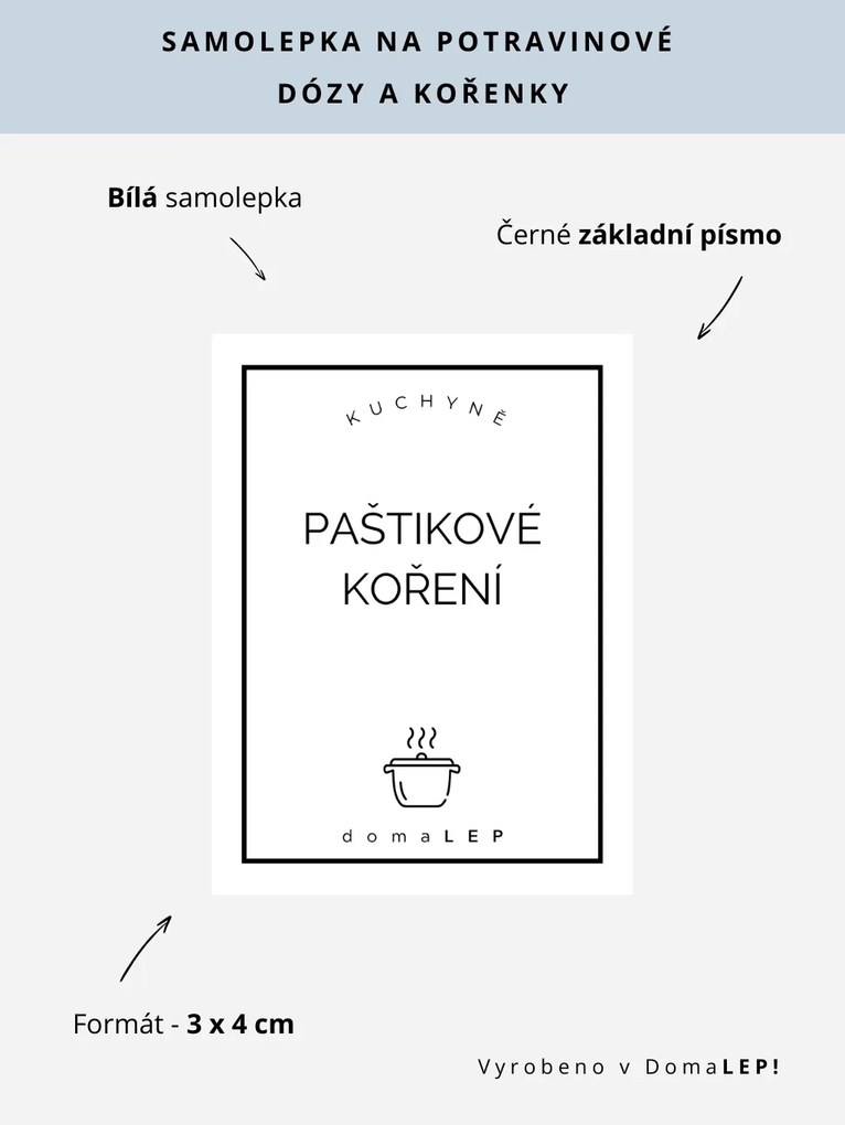 Samolepka na kořenky PAŠTIKOVÉ KOŘENÍ bílá 3 × 4 cm základní písmo
