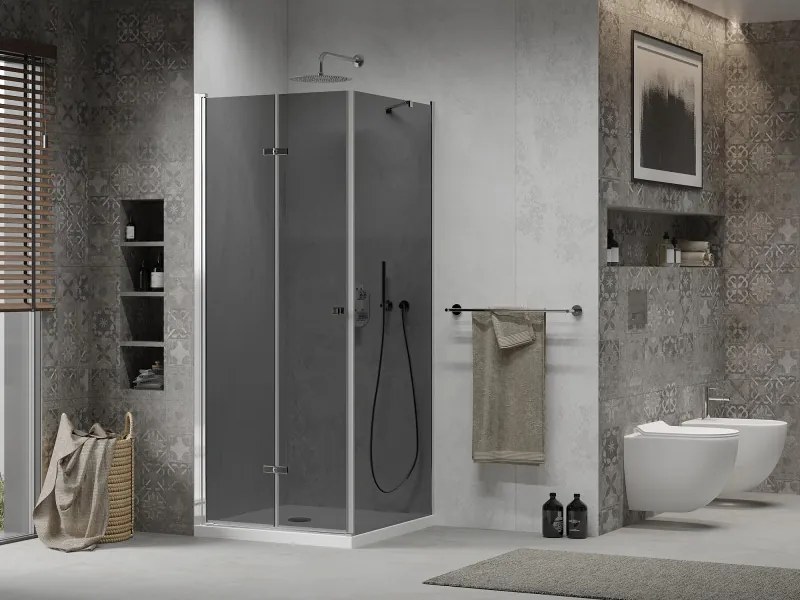 Mexen Lima, sprchový kout se skládacími dveřmi 80 (dveře) x 80 (stěna) cm, 6mm šedé sklo, chromový profil + slim sprchová vanička bílá + chromový sifon, 856-080-070-01-40-4010
