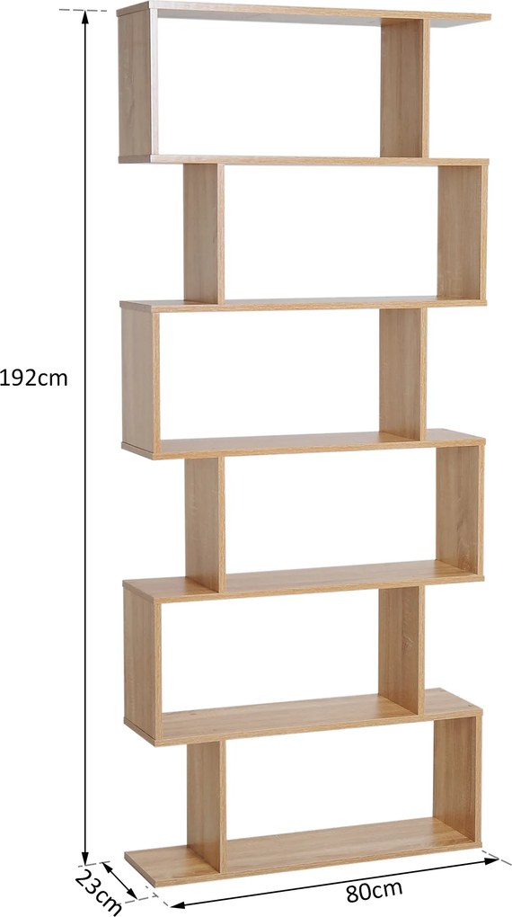 HOMCOM Knižní polička Zigzag v moderním designu 80Š x 23H x 192V cm, 6 úrovní, barva světlého dubu