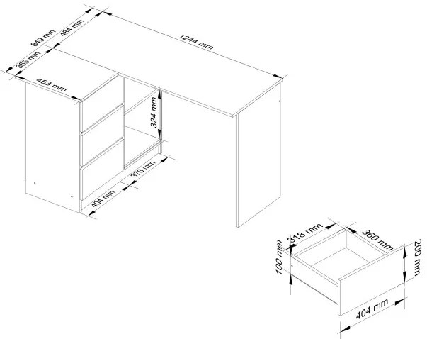 Rohový kancelářský stůl B16 124 cm levý, bílý / bílý lesk