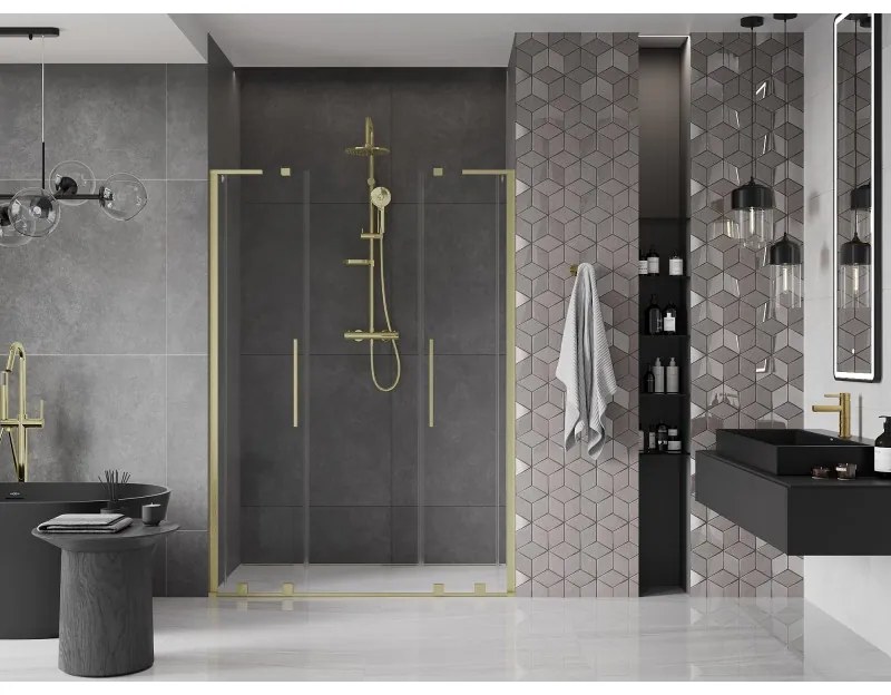 Mexen Velar L Duo, posuvné sprchové dveře do otvoru 140 cm, 8mm čiré sklo, zlatá matná, 871-140-003-02-55