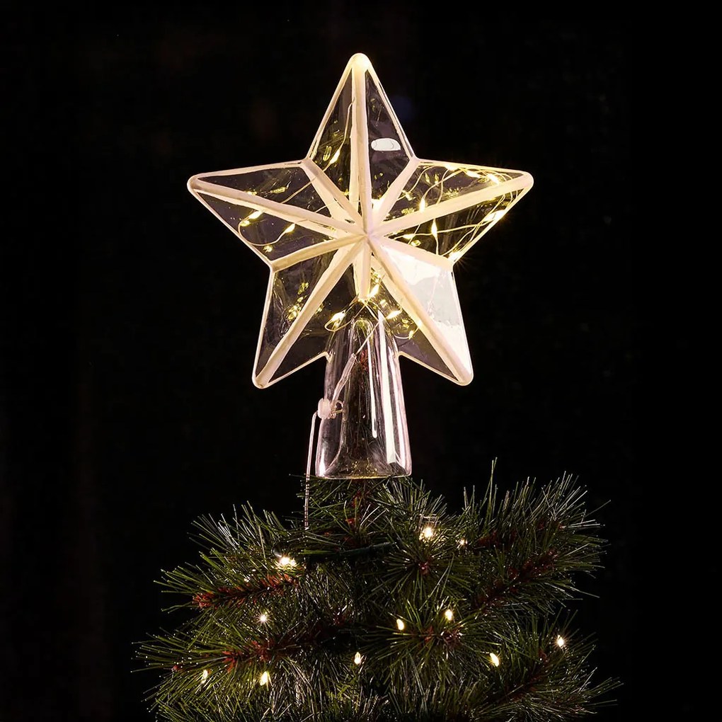 LED svítící hvězda na stromeček, 18 × 22 × 6,5 cm skleněná, teple bílá, 20 diod, 2× AAA