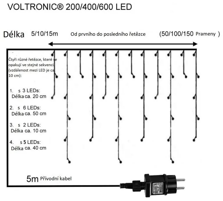 Voltronic 2057 Vánoční světelný déšť 600 LED studená bílá - 15 m