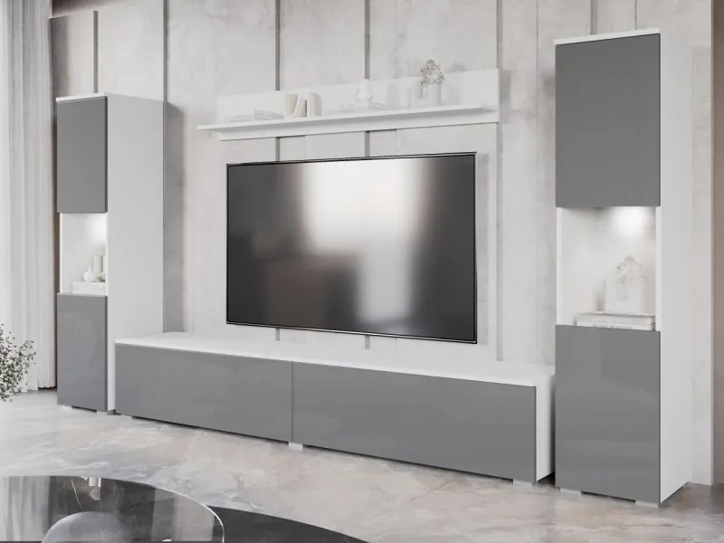 Obývací stěna Bamisio XL, Barva: bílá + šedý lesk, Osvětlení: osvětlení LED - bílé