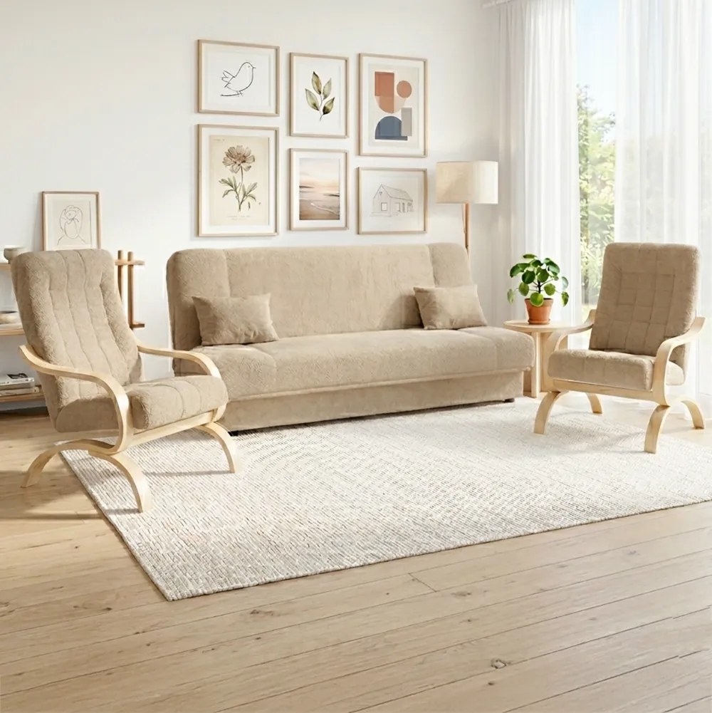 Sedací sestava 3+1+1 PALERMO | 190 + 65 + 65 cm | rozkládací s úložným prostorem | béžová + bukové nohy