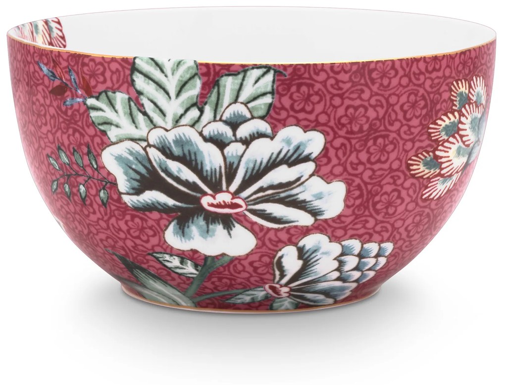 Pip Studio Flower Festival miska o 12cm, tmavě růžová (Menší miska z tenkostěnného porcelánu z kolekce Flower Festival Dark Pink)